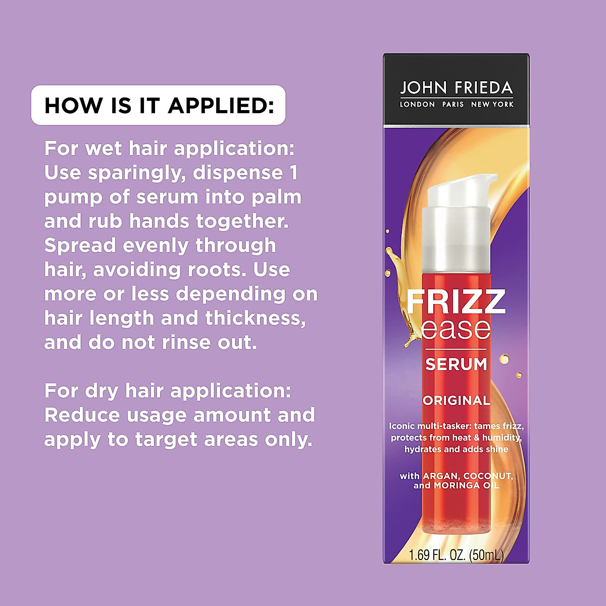 John Frieda Frizz Ease Original Hair Serum, Protecting Against Frizz, Heat, and Humidity While Adding Shine, Smooths Strands and Hydrates Parched Hair with Argan, Coconut, and Moringa Oil, 1.69 Oz