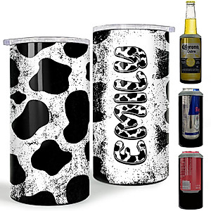 SANDJEST Personalized Cow Can Cooler Cowhide Doodle 4 in 1 Can Holder Skinny Stainless Steel Tumbler Gift for Women Girl Daughter Sister Animal Lovers Farm Girl Christmas Birthday