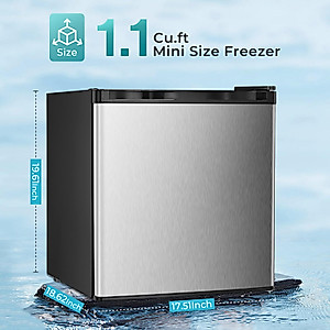 R.W.FLAME Mini Freezer Countertop, Energy Saving 1.1 Cubic Feet Single Door Compact Upright Freezer with Reversible Door (Silver)