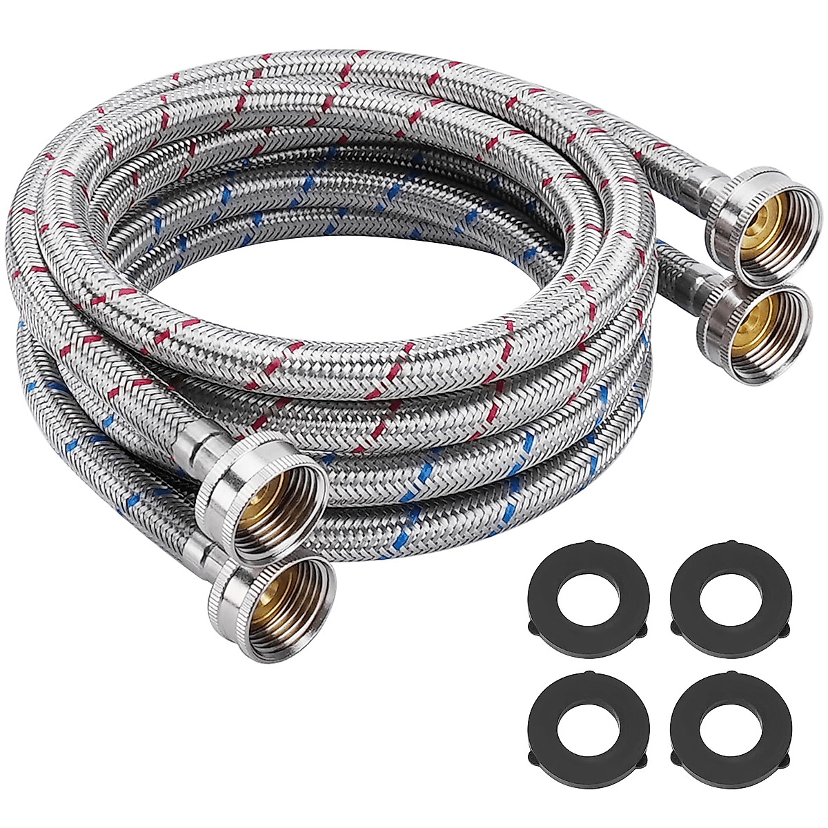 6FT Stainless Steel Washing Machine Hoses 3/4" NPT Connection Red and Blue Braid Water Supply Lines by Fetechmate Hot and Cold Premium Washer Hoses (2 Pack) - 10 YEAR WARRANTY