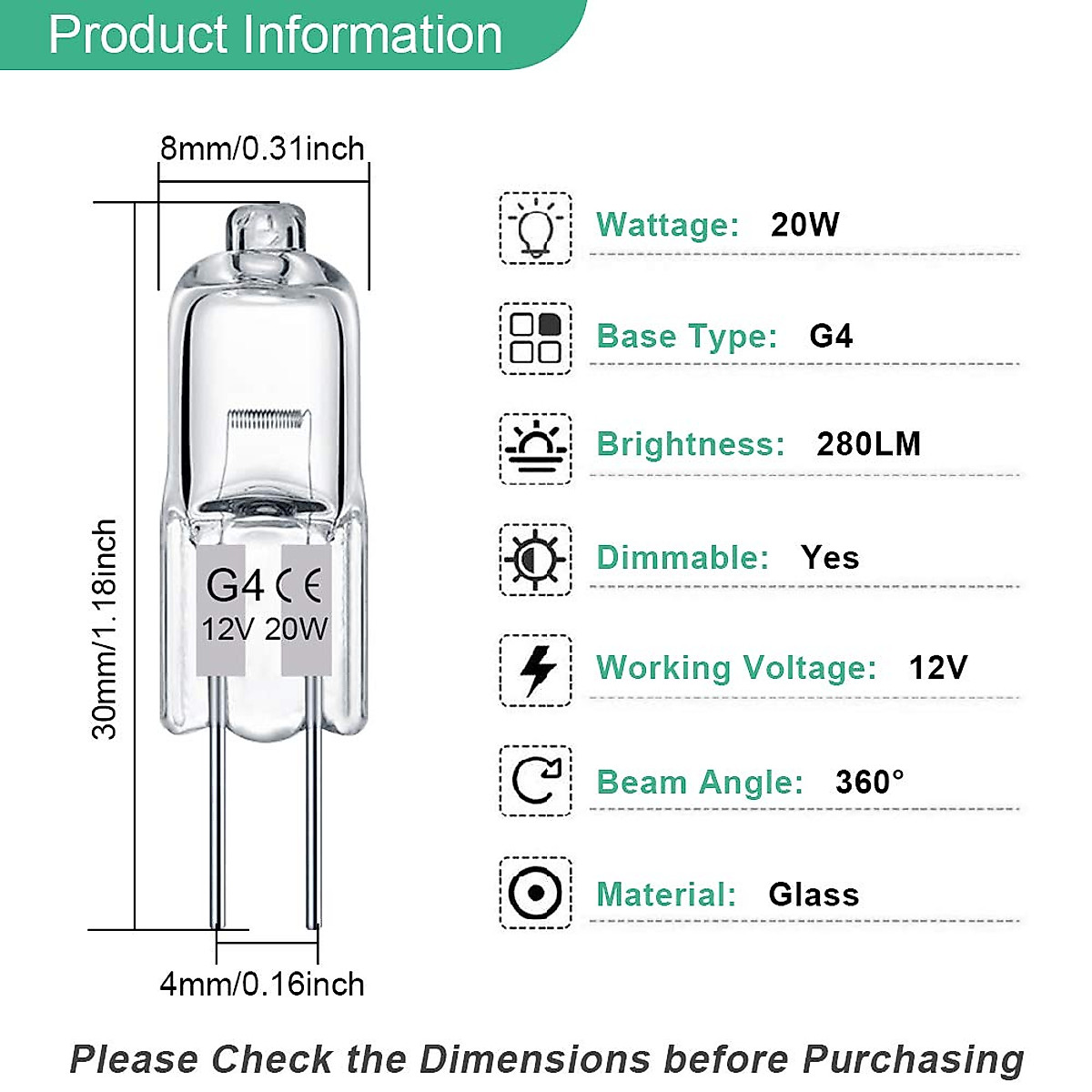 TAIYALOO G4 Bulb 12 Pack Crystal Clear Halogen Light Bulb 2 Pin 12V 20W JC T3 Bi-Pin G4 Base Dimmable 2700K Warm White 2 Prong Light Bulb for Under Cabinet Puck Light, Chandeliers, Landscape Lighting
