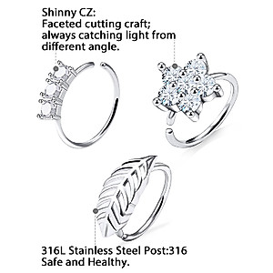 Boernfnso Nose Rings Hoop Chain Nose Septum Ring CZ Diamonds Surgical stainless steel Nose Rings with Chain Nose to Ear Chain Nose Ring Body Jewelry, Silver Tone