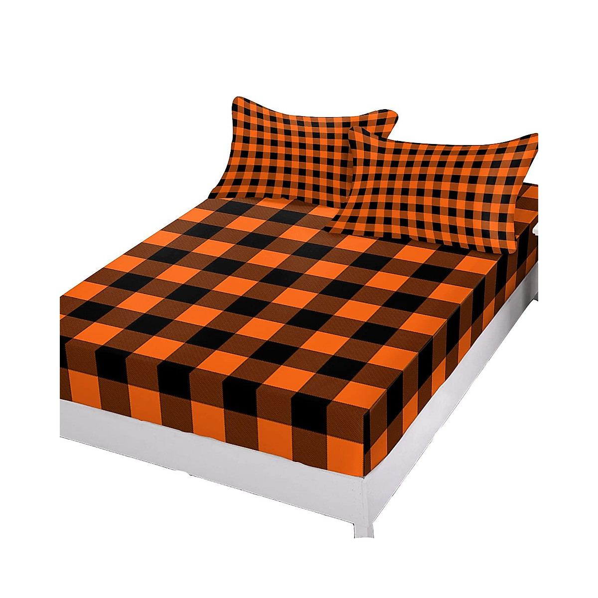 Farmhouse Orange Black Buffalo Plaid Fitted Bed Sheets Full Size Fit 5-16inch Deep Pockets,Luxury Bottom Sheet Bedding Set with Pillow Case,Gingham Lattice Fitted Sheet for Mattress