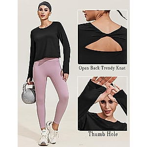 Pinspark Gym Shirts for Women Long Sleeve Workout Shirt Open Back Yoga Crop Top Solid Athletic Top Activewear,Black Small