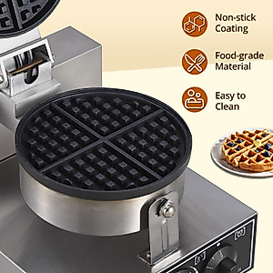 Commercial Waffle Maker, 1300W Round Waffle Iron, Non-Stick Rotatable Waffle Baker Machine, 50°C-300°C Temp Range, Stainless Steel Round Commercial Waffle Maker for Restaurant, 110V