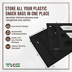 Ziplock Bag Organizer, Bamboo Kitchen Drawer Organizer, Drawer Divider for Snack, Sandwich & Gallon Bags, Kitchen Organizer with 60 Zip Lock Bags, 12x12 inch Box, Black -Total Kitchen Solutions