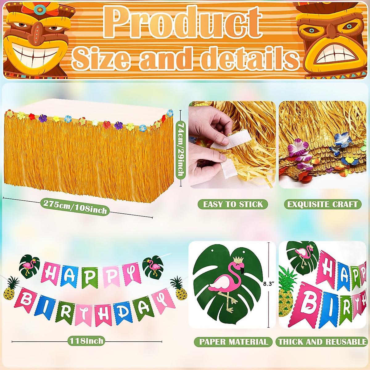 161Pcs Hawaiian Luau Party Decorations Pack, Tropical Beach Themed Summer Pool Party Supplies Including Aloha Backdrop, Flamingo Birthday Banner, Grass Table Skirt, Palm Leaves and Hibiscus, Pineapple