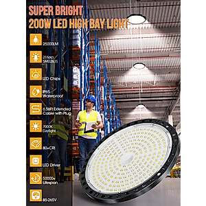 UFO LED High Bay Light - 10 Pack 200W 28000LM High Bay LED Light with US Plug 6.56FT Cable and LED Transformer, 7000k Daylight LED Shop Lights for Workshop for Garage, Factory, Workshop, Barn, Shop