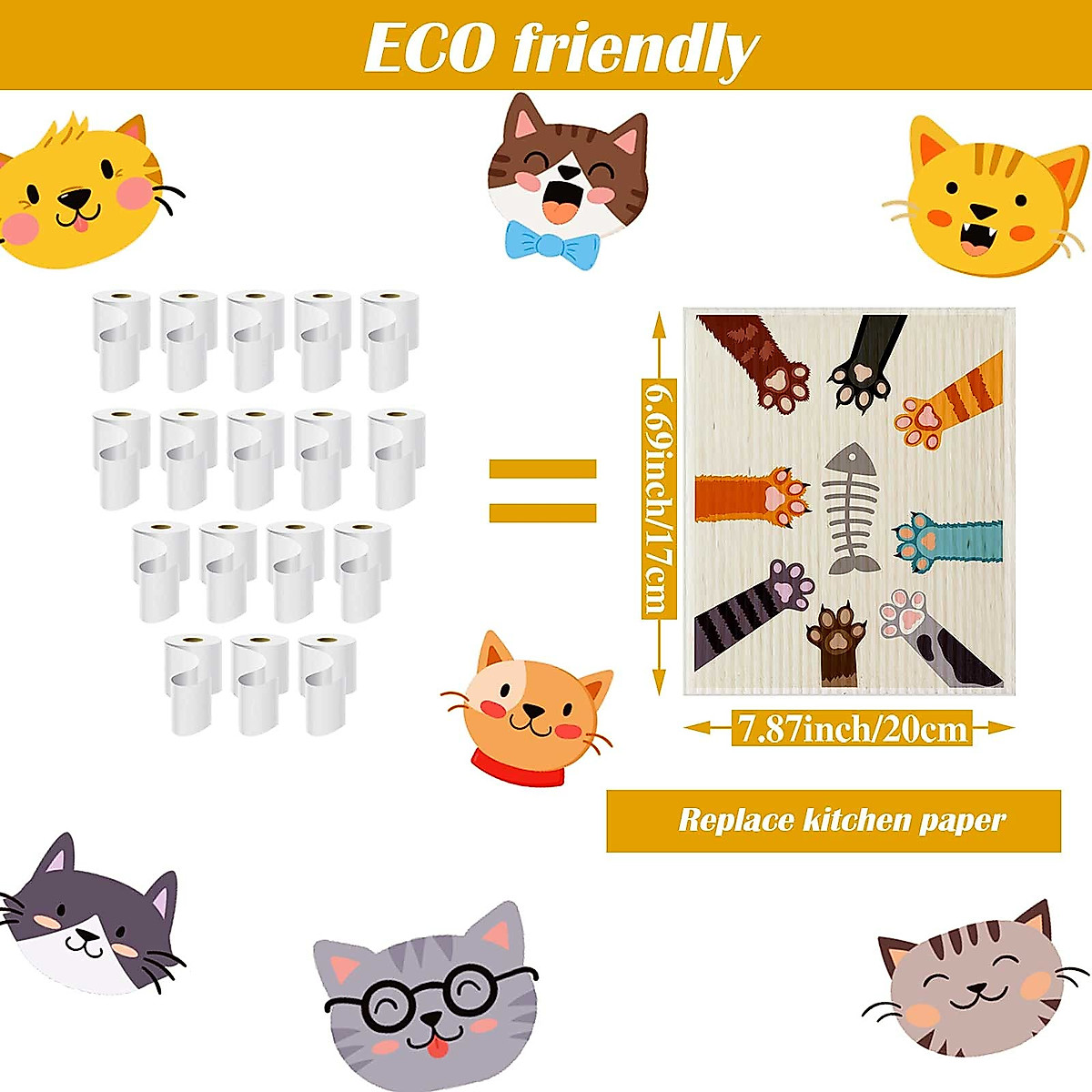 6 Pieces Cat Sweedish Dishcloth Dish Towels Durable Swedish Cleaning Cloths Absorbent and Fast Dry Kitchen Towels Cats Cleaning Cloths for Kitchen Bathroom Office Wedding Housewarming