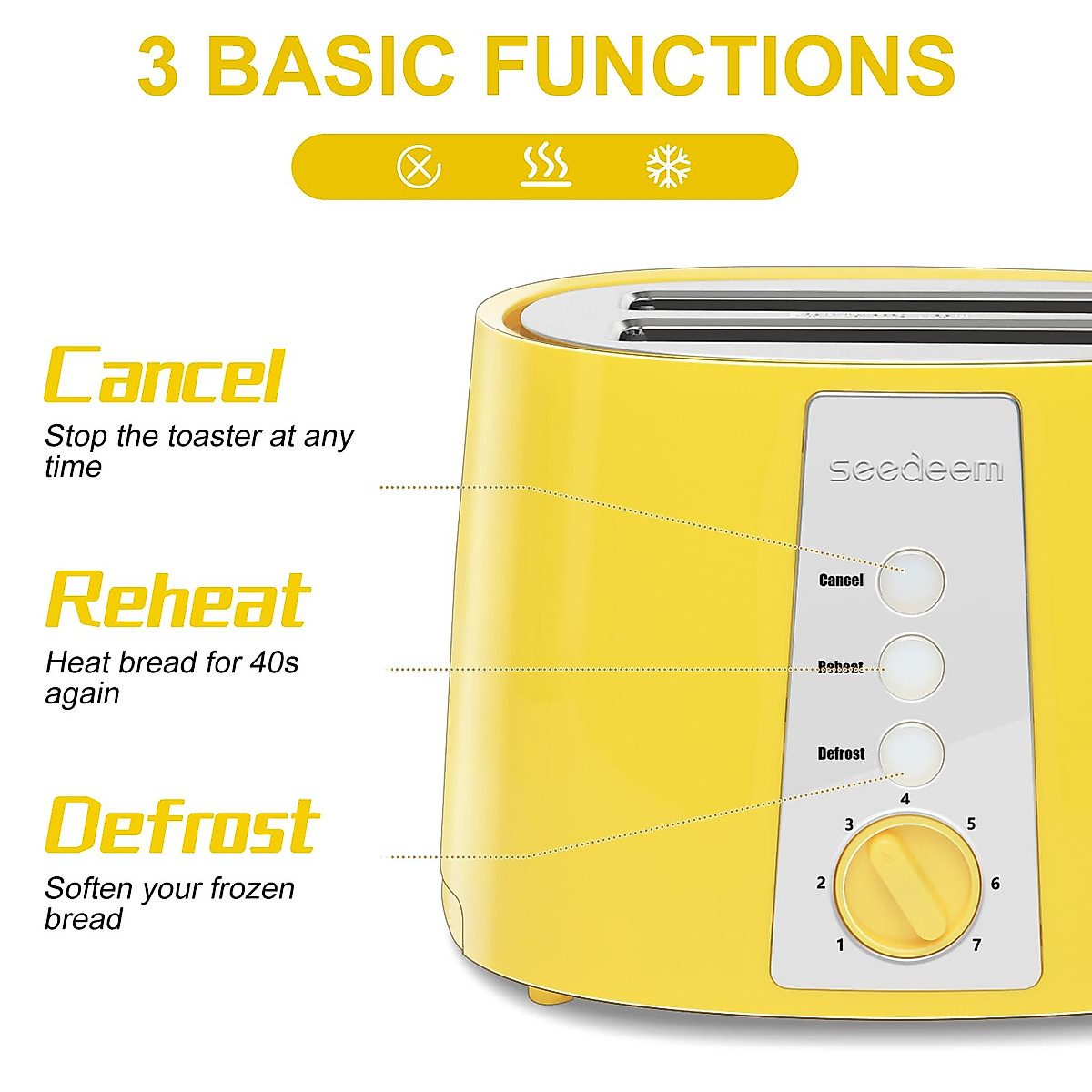 SEEDEEM Toaster 2 Slice, Extra Wide Slot Toaster, 7 Shade Settings, Bread Toaster with Cancel, Defrost, Reheat Function, Extra Wide Slots for Waffle or Bagel, Removable Crumb Tray, 750W, Lemon Yellow