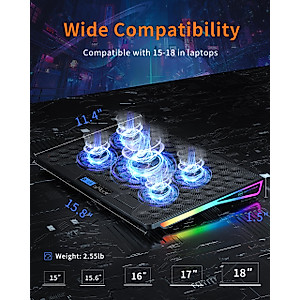 AICHESON Gaming Laptop Cooling Pad, RGB Lights Computer Cooler Stand, 5 Quiet Fans for 15.6-18 Inch Laptops, PC Notebook Heat Dissipation, AA2