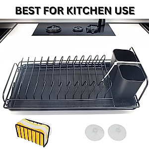 GAWIRO Black Dish Drying Rack with Drainboard Stainless Steel Dish Racks for Kitchen Counter, Kitchen Drying Rack with Utensil Holder and Spongy Holder - Design for Long-Lasting and Space Saver