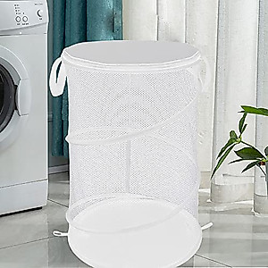 Qtopun Mesh Popup Laundry Hamper With Cover, Foldable Portable Cylindrical Dirty Clothes Basket for Bedroom, Kids Room, College Dormitory and Travel — White