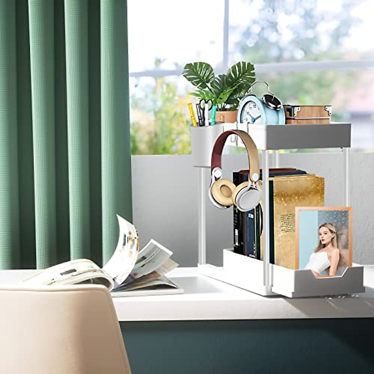 Royacon Under Sink Organizer, Sliding Under Bathroom Cabinet Storage Drawer Organizer with Hooks, Hanging Cup 1PACK