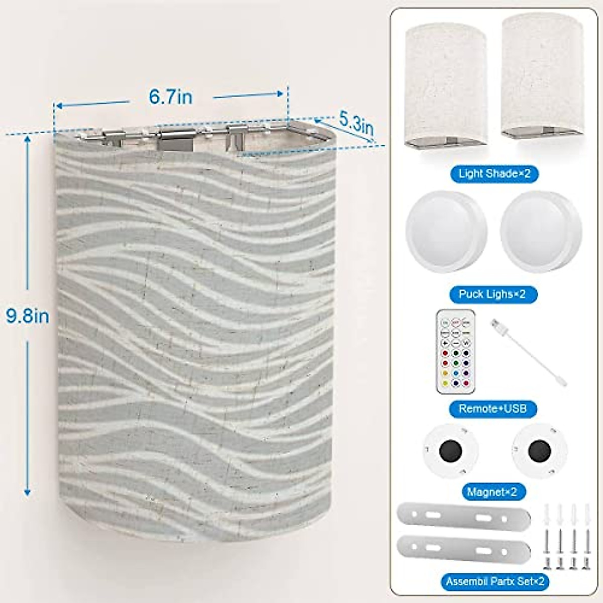 CAKOJV188 Battery Operated Wall Sconces Wireless Wall Lamp Fixtures saemless Abstract Grey White Dimmable Wall Lights for Bedroom Living Room Hallway Set of 2