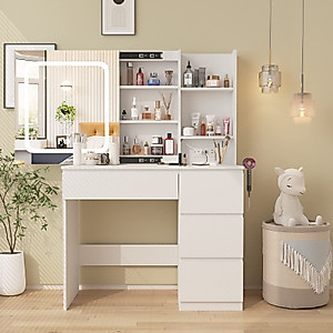Vabches White Vanity Desk with Mirror and Lights, Makeup Vanity with Lights 4 Drawers, Vanity Table with Power Outlet & Sliding Door, 3 Lighting Colors, 37inch