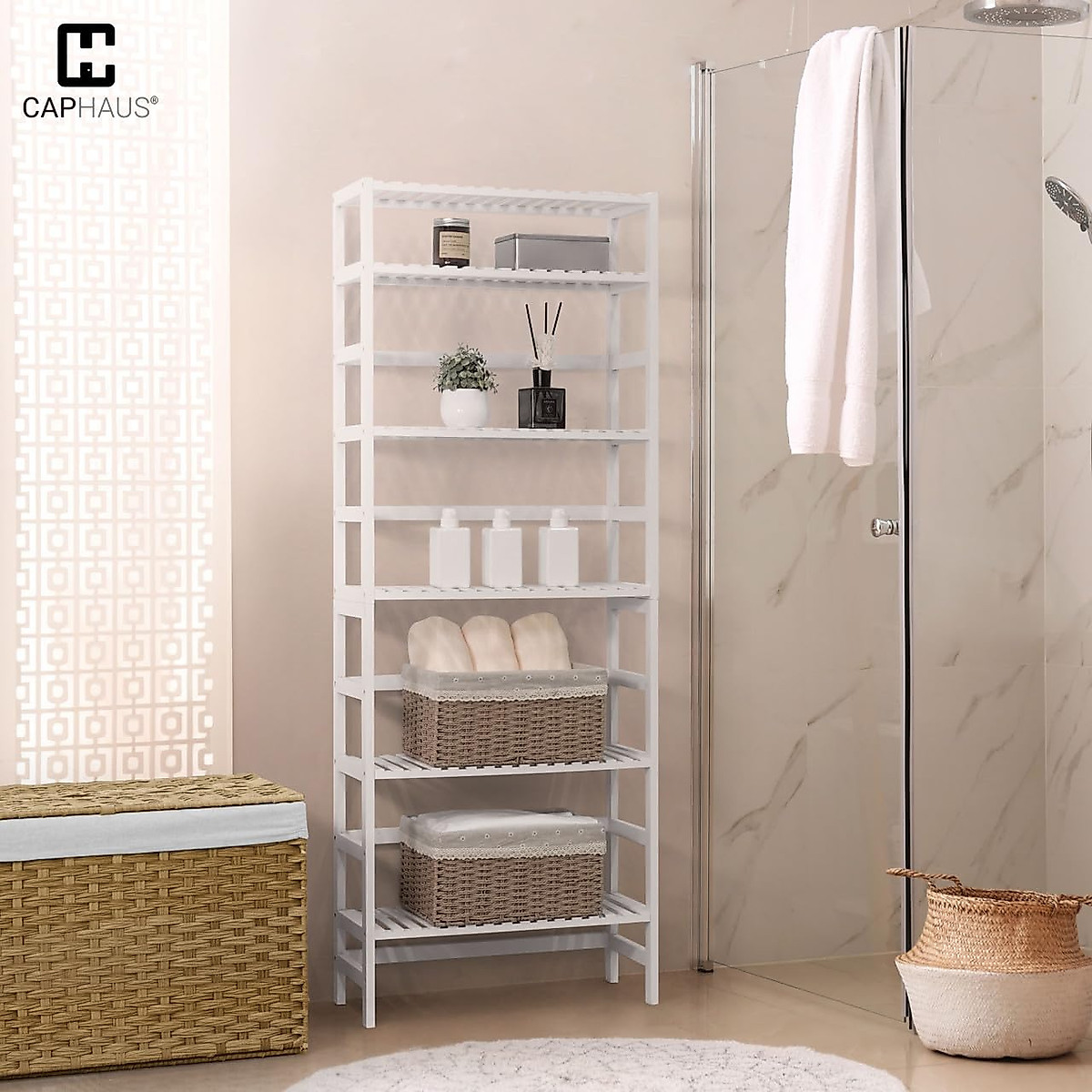 CAPHAUS 6-Tier Bamboo Shelf, Bamboo Open Storage Bookcase with Adjustable Layer, Freestanding Plant Display Stand, Multifunctional Storage Rack Stand for Bathroom, Bedroom, Kitchen, White