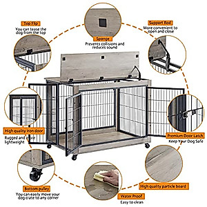 IchbinGo Dog Crate Furniture, Wooden Dog Crate Table, 38.5" Dog Kennel with 3 Doors, Flip-up Top Opening and Wheels, Decorative Pet Crate Dog House for Large/Medium/Small Dog Indoor Use (Rustic Grey)