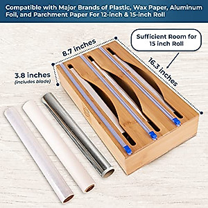 Foil Organizer for Drawer 15"- Long Bamboo Foil and Plastic Wrap Organizer, 3.8" tall 3 in 1 Wrap Dispenser with Cutter for Plastic Wrap, Tin Foil, Wax Paper up to 250 FT, Parchment Paper Up to 200 FT