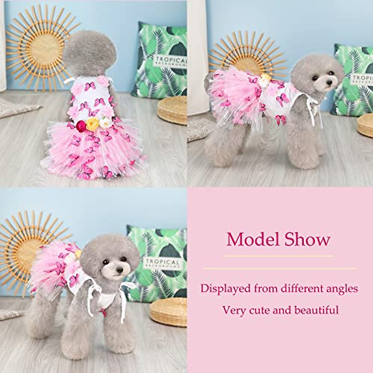 SEIS Butterfly Dog Dress Sweet Simulation Flower Teddy Clothes Lace 3D Cat Skirt Princess Bomei Costume Adjustable Pet Tutu for Spring Summer Wedding Party (S (Chest Circumference 37cm/14.6"), Pink)