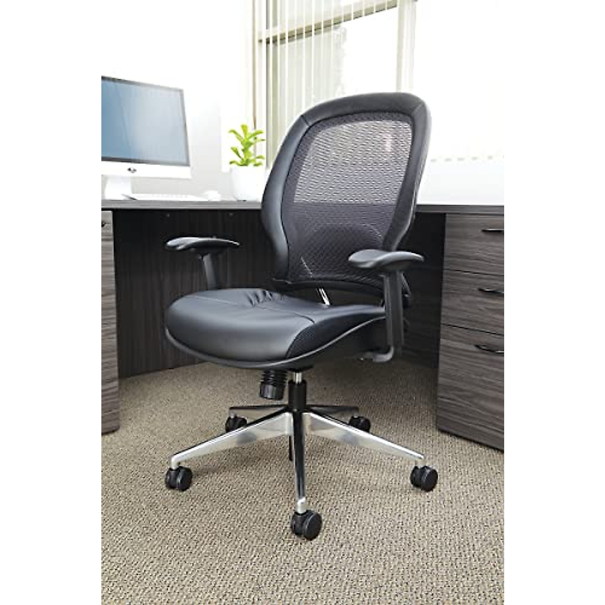 Space Seating 335 Series Professional Air Grid Back Adjustable Office Chair with Thick Padded Bonded Leather Seat and Heavy Duty Aluminum Base, Black