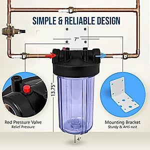 High Capacity 10 x 4.5-Inches Transparent Whole House Water Filter Purifier System with Presser Relief Button, 1” Inlet/Outlet Brass Port & Yearly Supply (4) Polypropylene Sediment Cartridges 5 Micron
