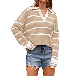 PRETTYGARDEN Women's Pullover Striped Sweaters Casual Collared V Neck Long Sleeve Ribbed Knit Loose Blouse Top (Light Khaki,Medium)