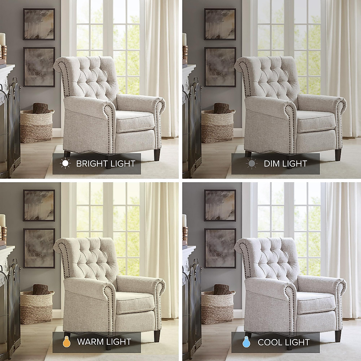 Madison Park Aidan Recliner Chair - Solid Wood, Plywood, Roled Back Button Tufted Accent Armchair Modern Classic Style Family Room Sofa Furniture, Cream
