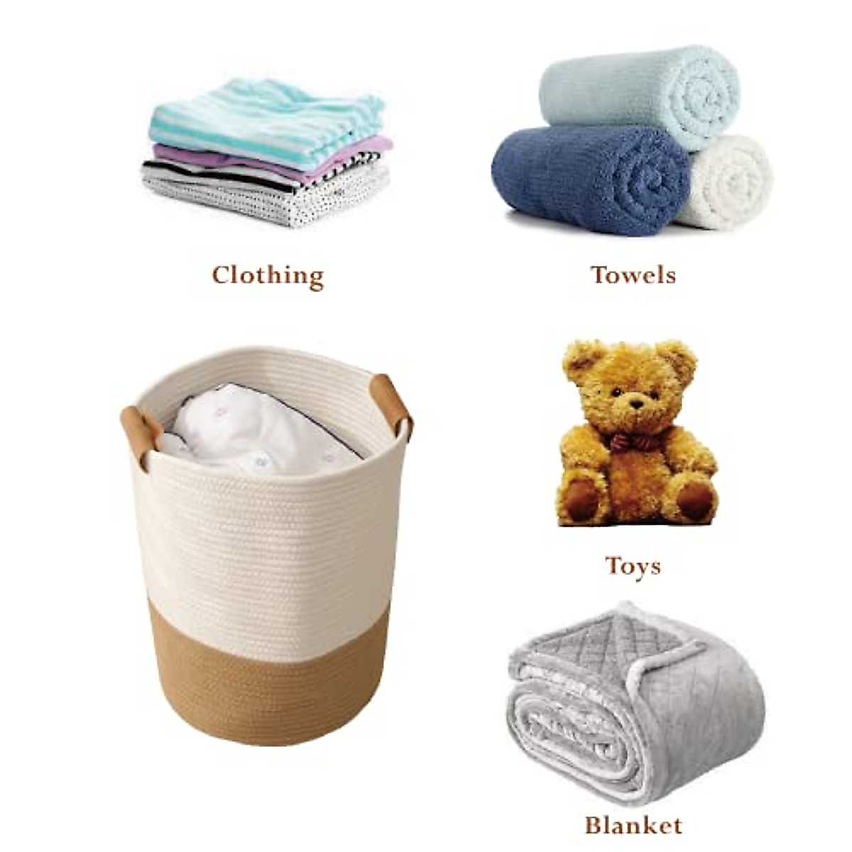 OHROS 1 Piece Woven Baskets For Storage Rope Laundry Basket For Organizing Hamper Boho Cotton Laundry Basket For Bathroom Towel Blanket Closet Clothes Storage Toy Bin Round Tall Basket 13.5 X 14.5"