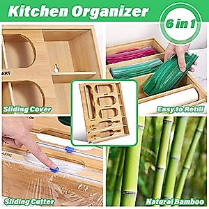 Ziplock Bag Organizer, 6 in 1 Bamboo Food Storage Bag for Kitchen Drawer or Wall Mount, Cling Film Dispenser with Slide Cutter, Multipurpose Bag Holder Box Suitable for Wax Variety Size Bags
