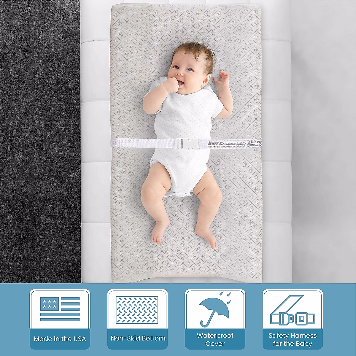 LA Baby Contoured Waterproof Diaper Changing Pad, 32" with 100% Organic Cotton Layer - Made in USA. Non-Skid Bottom, Safety Strap, Fits All Standard Changing Tables/Dresser Tops