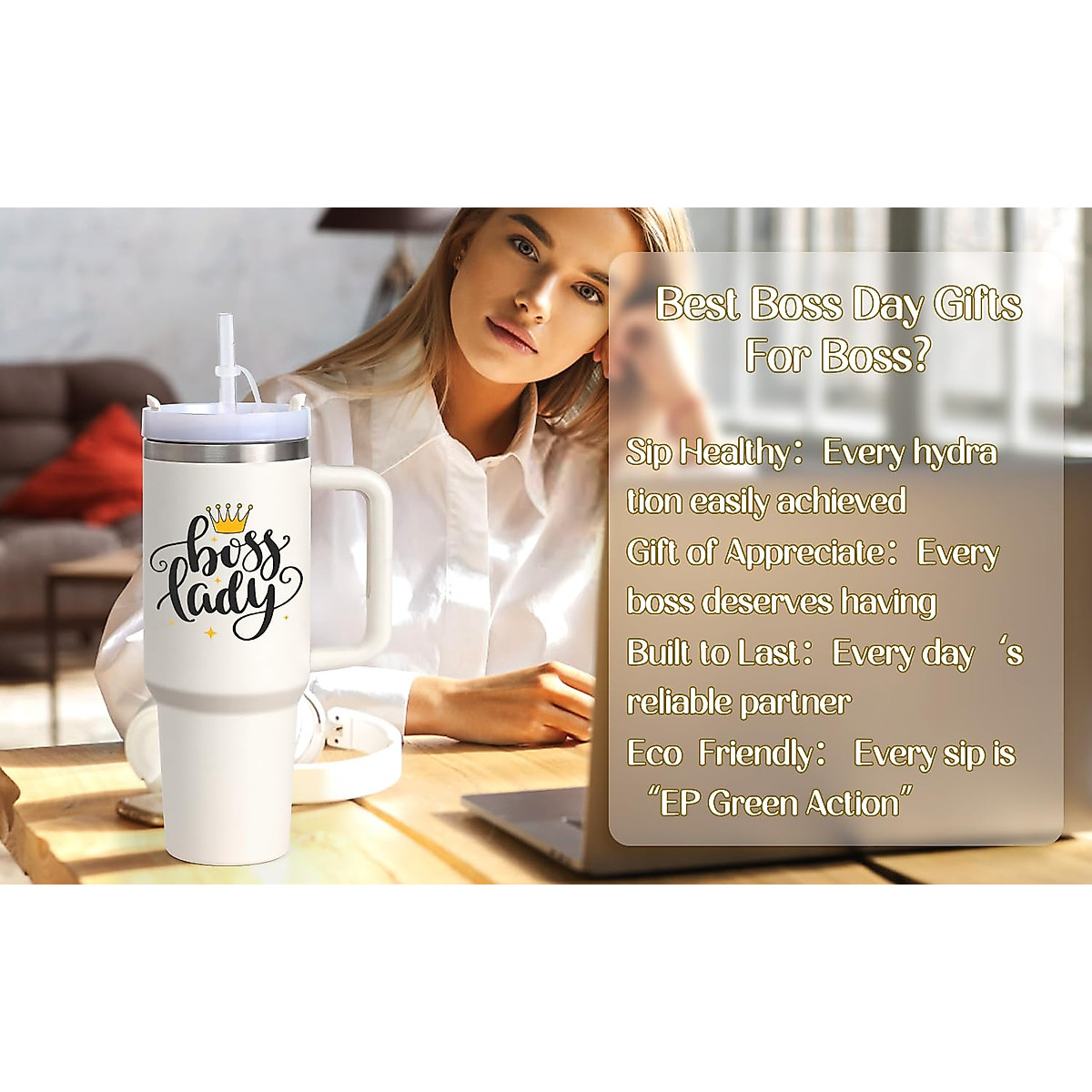 LiqCool Boss Gifts for Women, Best Boss Lady Gifts - 40 oz Tumbler with Handle and Straw Lid, Great Gift Idea for Boss Manager Friends, Female Boss Gifts for Bosses Day Birthday Christmas(Cream)