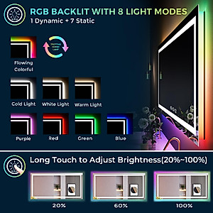 YEELAIT 72x36 Inch RGB LED Bathroom Mirror Front Light and RGB Backlit Lighted Vanity Mirror for Bathroom Wall Mounted Dimmable Anti Fog Memory Shatter-Proof IP54 Waterproof Horizontal/Vertical