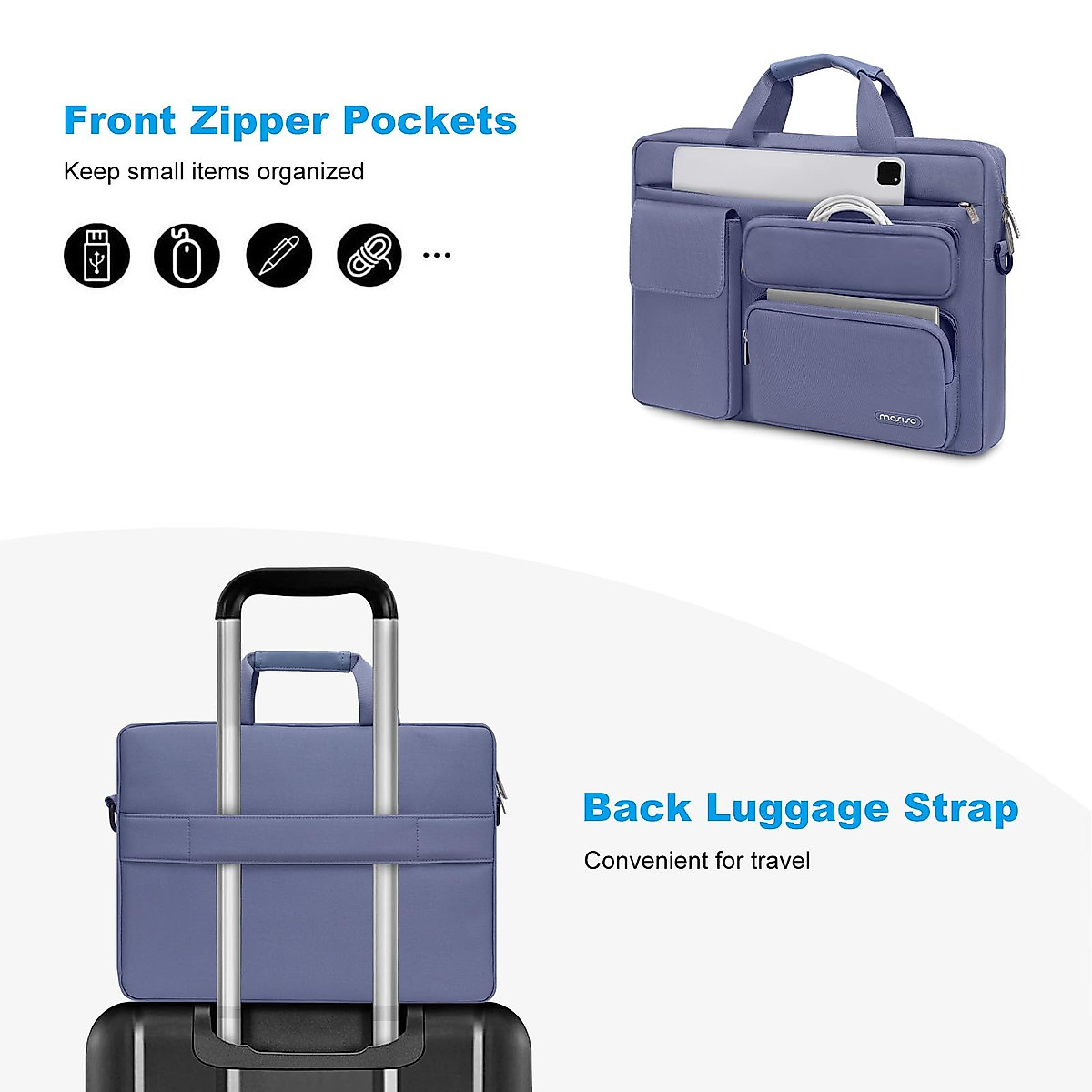 MOSISO Laptop Shoulder Bag Compatible with MacBook Air 15 M3 M2 2024 2023/Pro 16 inch M4 M3 M2 M1,15-15.6 inch Notebook with 2 Raised&1 Flapover&1 Horizontal Pocket&Handle&Belt, Lavender Gray