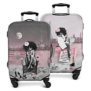 Xidingyue African American Black Girl Luggage Protective Cover Pink and Black Beach Paris Eiffel Tower Suitcase Cover Fit 22-24 Inch Luggage
