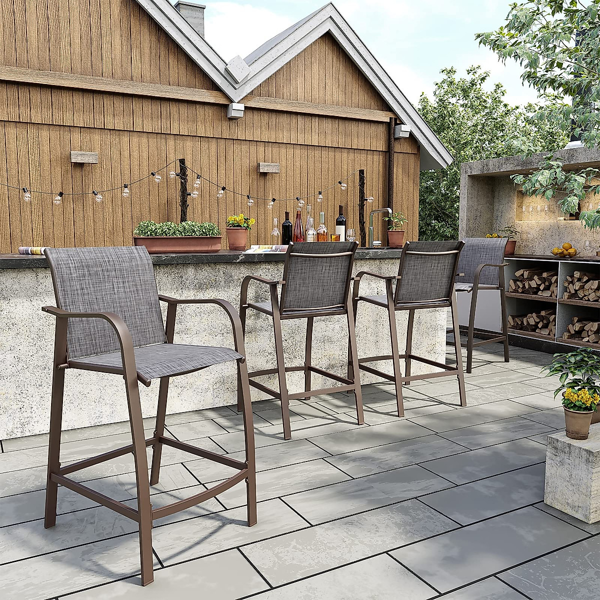 Crestlive Products Outdoor Bar Stools Set of 4, Counter Height Bar Stool All-Weather Patio Furniture with Armrests, Patio Aluminum Bar Stools for Garden Backyard Lawn, 27.5'' Seat Height (Dark Gray)