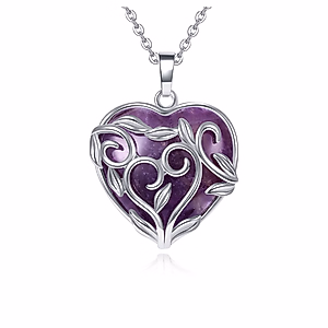 Jovivi Natural Amethyst Crystals Necklace for Women Flower Leaf Wire Wrapped Healing Crystal Heart Gemstone Pendant Necklace Natural Stone Reiki Quartz Jewelry Mothers Day Gifts