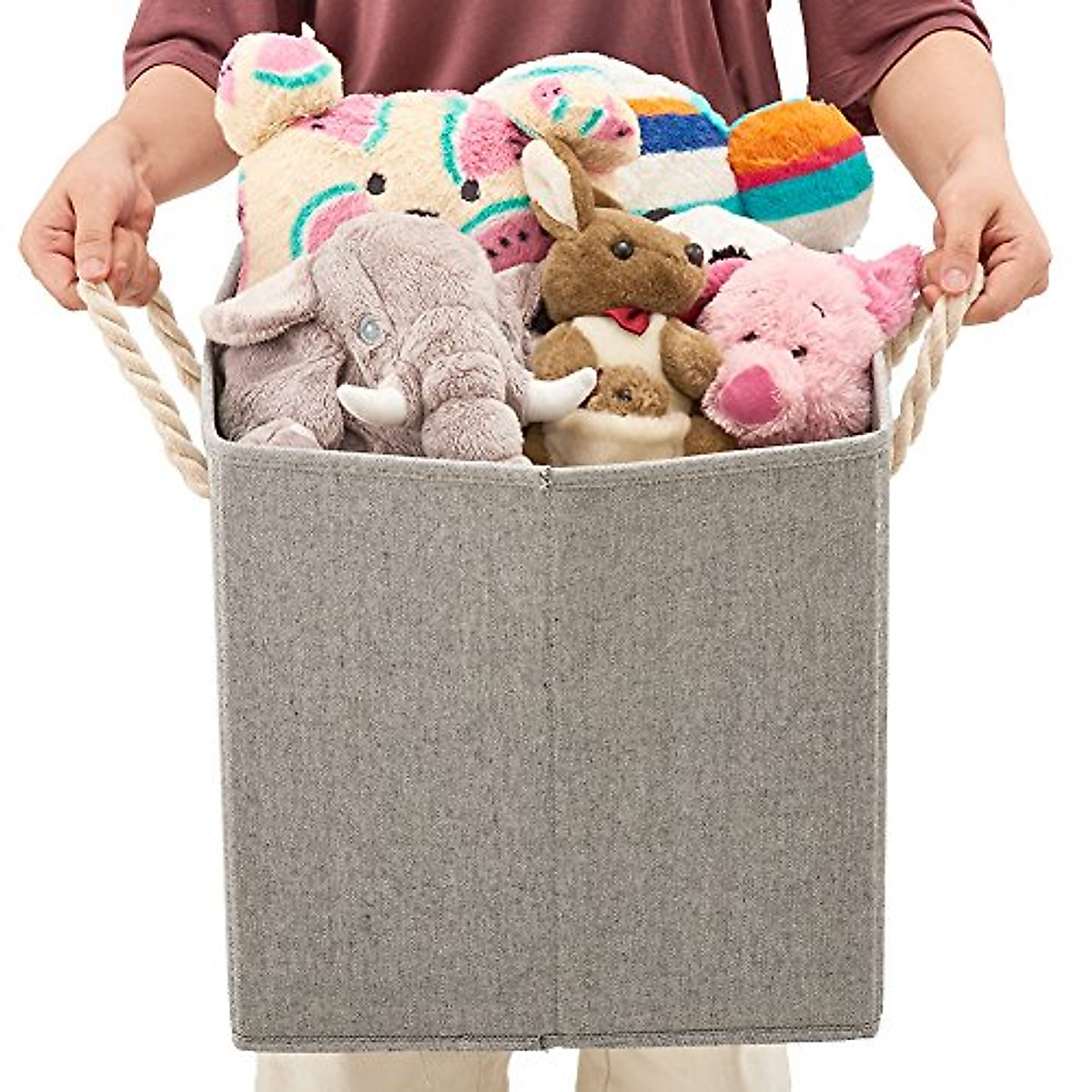 EZOWare [Set of 4] Foldable Fabric Storage Cube Bins with Cotton Rope Handle, Collapsible Resistant Basket Box Organizer for Shelves Closet Toys and More – Gray 12x12x12 inch