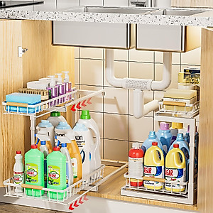 Delamu 2 Pack Under Sink Organizer and Storage, 2 Tier Pull Out Cabinet Organizer, Slide Out Under Sink Storage Shelf, Undersink Organizers Shelves for Kitchen Bathroom Pantry Organization