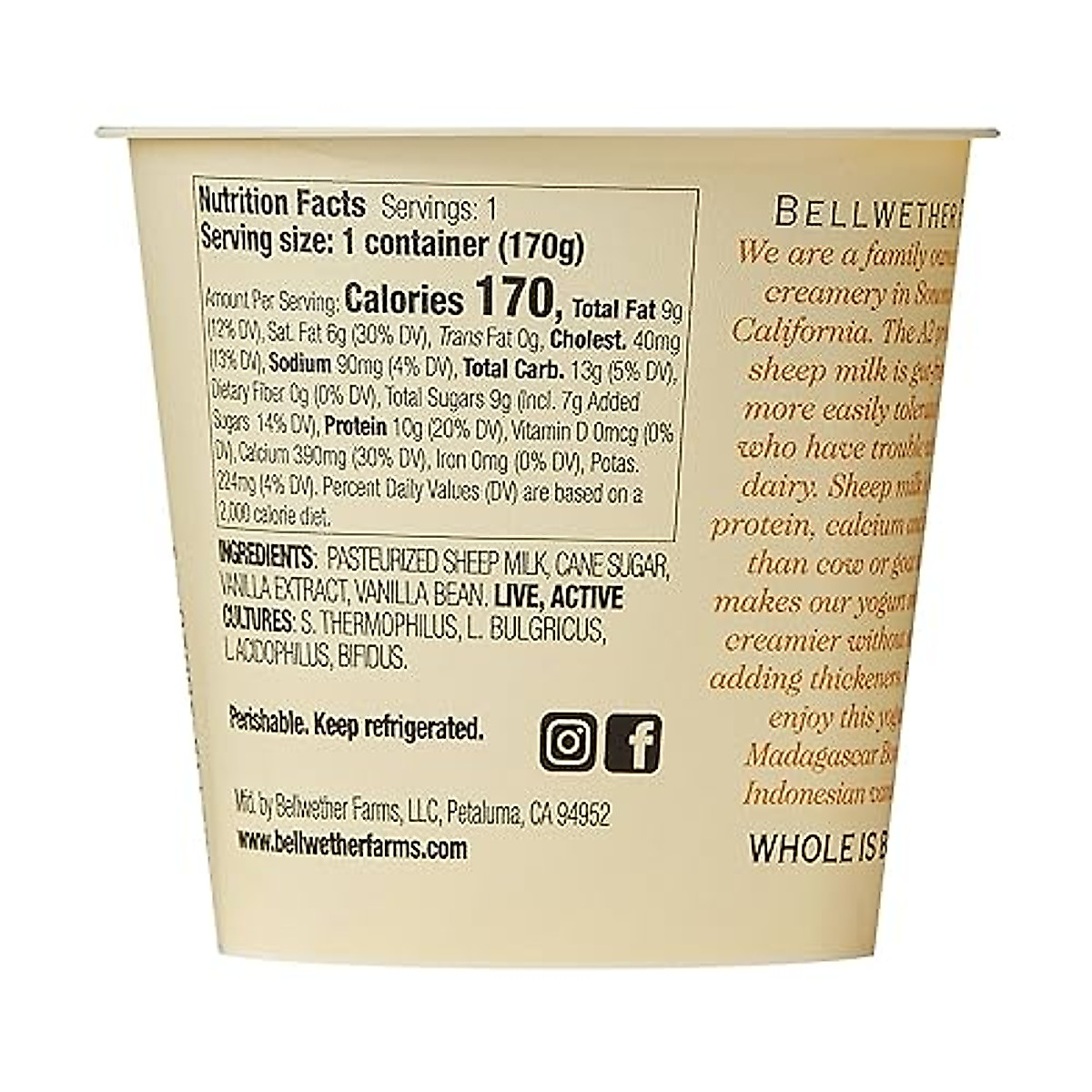 Bellwether Farms, Sheep Milk Yogurt, Vanilla, 6 oz