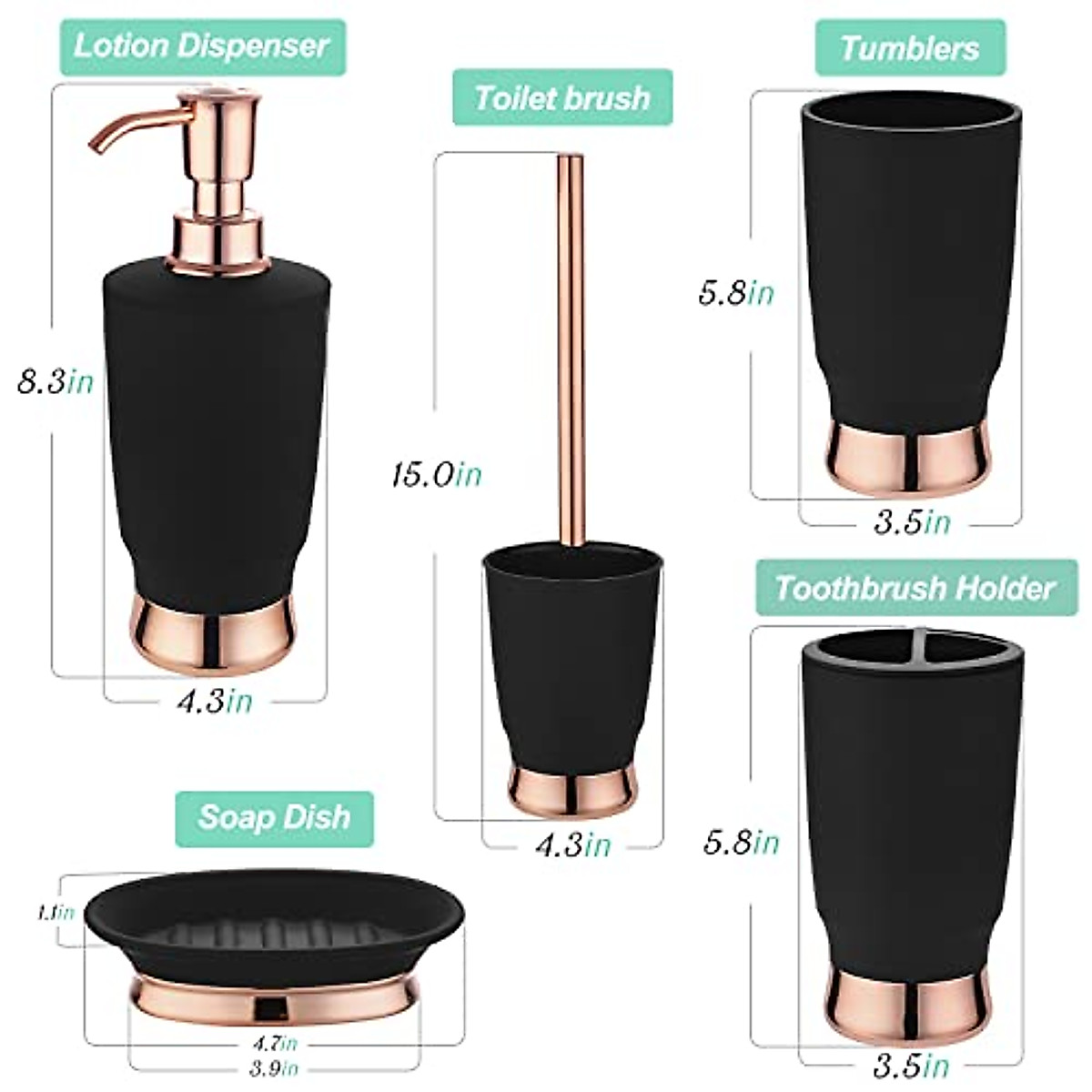 HWBKA 5 Pcs Matte Black Bathroom Accessories Set Complete,Bathroom Soap Dispenser Set with Toothbrush Holder,Toothbrush Cup,Soap Dish, Toilet Brush with Holder