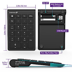 Fosmon 22 Key Numeric Keypad, Wireless USB Adapter 2.4GHz Numpad, Ten Keys Shortcut Function & Hotkey, Up to 33FT Device Distance, Compatible with USB Port Laptop, PC, Desktop, Surface Pro, Notebook