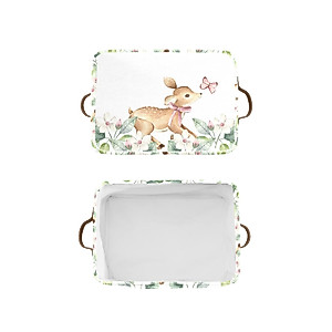 Joyestore Floral Deer Pink Butterfly Personalized Storage Bins ,Baskets Cubes Organizer with Handle for Shelves Closet Nursery Toy 1 Pack