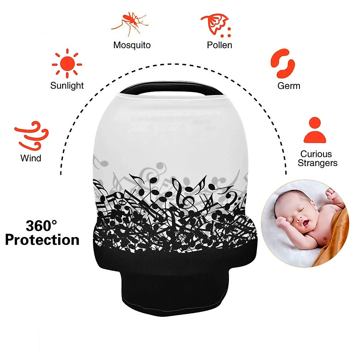 Stretchy Baby Car Seat Covers for Boys Girls Music Notes Infant Car Canopy Nursing Cover Breastfeeding Scarf