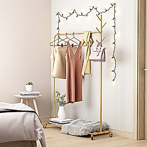 Smlttel Metal Gold Clothes Rack for Hanging Clothes, Rolling Clothing Rack for Boutique Display, Gold Coat Rack Standing Garment Rack with Shelf, Industrial Pipe Rack, Heavy Duty Clothing Rack, Gold