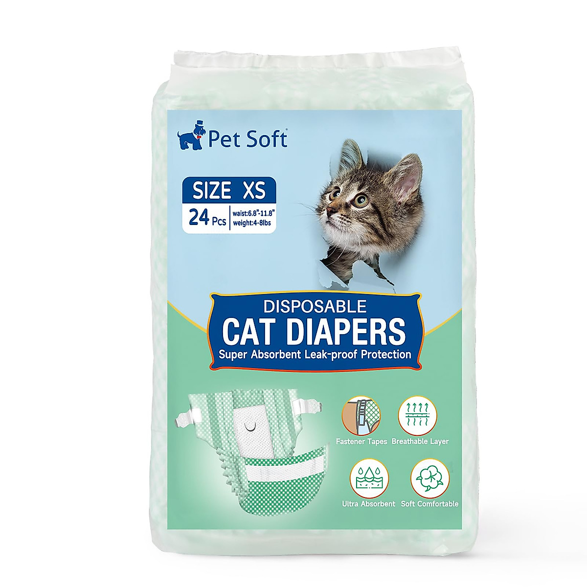 Pet Soft Disposable Cat Diapers - Female Dog Diapers for Cats & Dogs in Heat Period or Urine Incontinence, Doggie Diapers Ultra Absorbent Leak-Proof Puppy Diapers 24pcs (Green, XS)