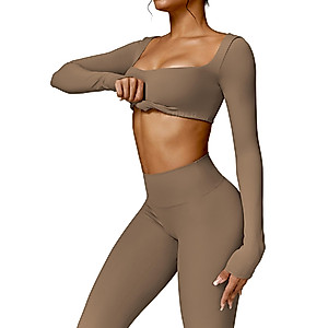 YEOREO Kyla Women Crop Top Long Sleeve Padded Sports Low Medium Impact Yoga Shirt Workout Brown