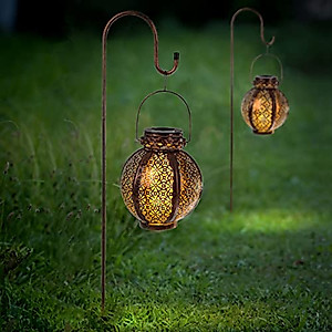 Set of 2 Solar Outdoor Lights - Hanging or Tabletop Rechargeable LED Lantern Set with 2 Shepherd Hooks for Outdoor Decor by Pure Garden (Bronze)