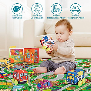 REMOKING Pull-Back Vehicle Toys Set, STEM Soft Vehicle Toy Set 5 Cars with Play Mat, Educational Interesting Cloth Book Set, Great Gifts for Kids 3 Years and up