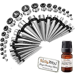 BodyJ4You 38PC Gauges Kit Ear Stretching Jojoba Oil Wax 14G-00G Surgical Steel Tunnel Plug Taper Set